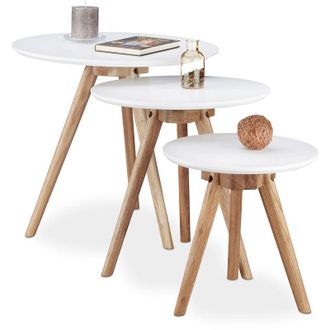 Relaxdays Relaxdays - Beistelltisch 3er Set, Beine aus Walnussholz, wei&szlig;e Tischplatte 50, 40, 32 cm, nordisches Design, wei&szlig; / natur