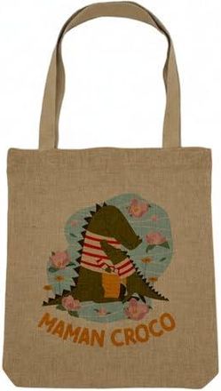 Fabulous Sac Shopping Tote Bag Aspect Lin - Odile la Maman Crocodile Dessin Illustration - Sac de Courses Toile Epaisse 360g Beige Naturel Cabas Port&eacute; Epaule S