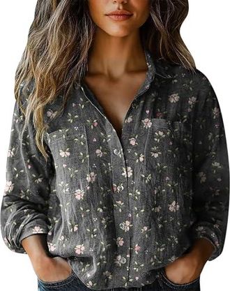 Generico Chemisier &agrave; manches longues pour femme - L&eacute;ger et a&eacute;r&eacute; - Chemise de plage - Col en V - Boutonni&egrave;re - Style vintage - Boho - Chemise florale tendance -
