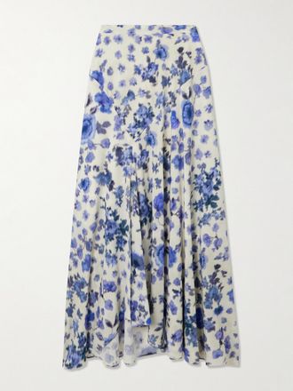 Isabel Marant Jupe Midi En Soie Mélangée À Imprimé Fleuri Et À Plis Sakura - Bleu