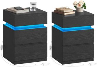 Vasagle Lot de 2 Tables de chevet, avec Bande led Multicolore Réglable, 3 Tiroirs, Style Moderne, 35 x 40 x 55 cm, Noir Boisé - Vasagle