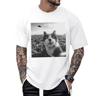 Generic T-shirts surdimensionn&eacute;s pour homme | Col rond imprim&eacute; chat - T-shirts graphiques en coton &agrave; manches courtes | Hauts basiques d&eacute;t&eacute; | pour l&eacute;cole, blan