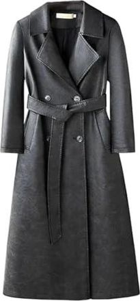 Generic Trench-coat en simili cuir pour femme - Veste longue dhiver double boutonnage &agrave; revers crant&eacute;, 1, S