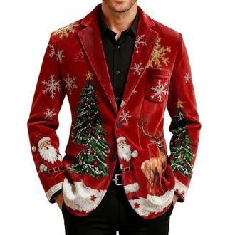 Generic Blazer de Noël pour homme, veste en velours côtelé pour homme, blazer de Noël moche pour homme, costume festif, coupe ajustée, veste de costume fantai