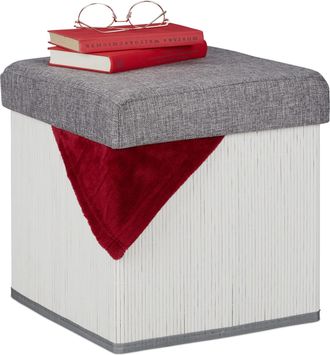 Relaxdays Sitzhocker mit Stauraum, gepolstert, faltbar, Bambus, Stoff, HxBxT: 36 x 35 x 35 cm, Sofahocker, weiß/grau