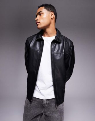 Boss Orange by Hugo Boss Jorest - Blouson Harrington en cuir coupe classique - Noir