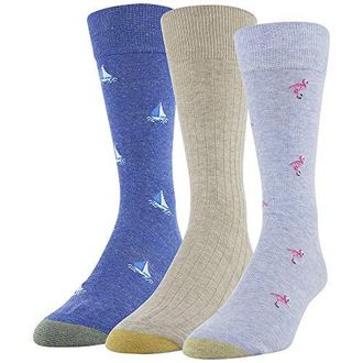 Gold Toe GOLDTOE Timeless Classics Crew Socks Chaussettes, Chambrey Flamingo/Oatmeal Heather Rib/Royal Sailboats, L (Lot de 3) Homme