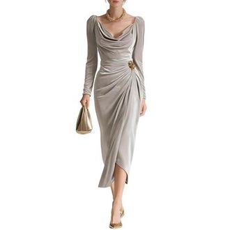Generic Robe en velours pour femme avec col b&eacute;nitier - Manches longues - &Eacute;l&eacute;gante robe fronc&eacute;e moulante pour cocktail, f&ecirc;te dautomne, gris, XXL