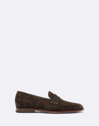 AllSaints Jules mocassins en cuir et daim &agrave; surpiq&ucirc;res marron fonc&eacute;