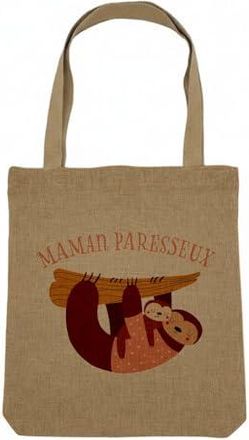 Fabulous Sac Shopping Tote Bag Aspect Lin - Maman Paresseux et son B&eacute;b&eacute; Dessin Illustration - Sac de Courses Toile Epaisse 360g Beige Naturel Cabas Port&eacute; Epaul