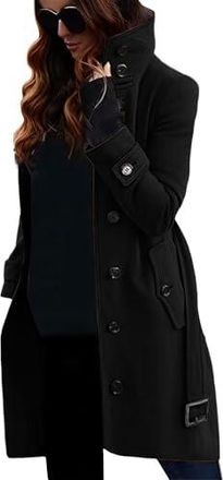 Generic Manteau dhiver mi-long pour femme, col montant crant&eacute;, coupe ajust&eacute;e, coupe droite, style caban, avec poches, noir, taille L