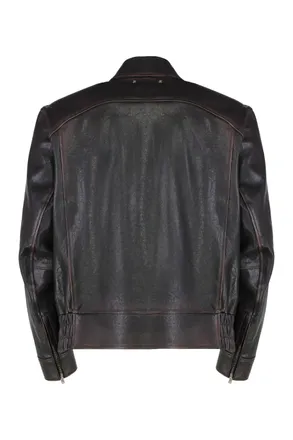 Golden Goose Mens Burgundy Leather Bomber Jacket Red-Purple Ovine