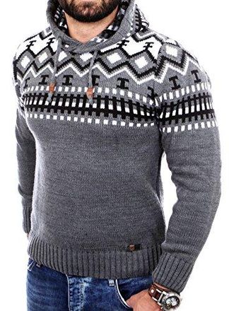 Reslad RS-3013 Pull dhiver norv&eacute;gien &agrave; capuche | Pull en tricot pour homme - Gris - XX-Large