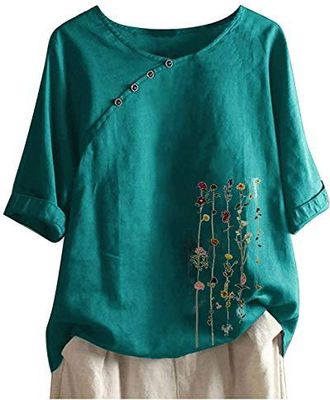 Generic T-shirt &agrave; manches longues pour femme en coton et lin avec 4 boutons, col enveloppant sur le devant, imprim&eacute; floral, col rond, chemise l&eacute;g&egrave;re, &eacute;paules 