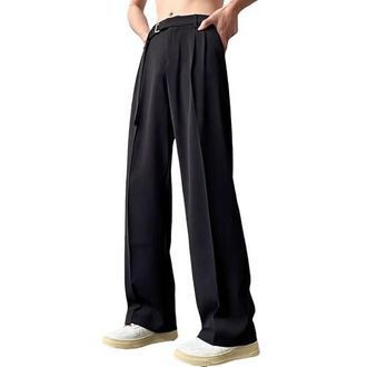 Generic Pantalon d&eacute;t&eacute; fin Naples en soie pour homme, l&eacute;ger, coupe ample, jambe droite, jambe large, d&eacute;contract&eacute;, long, Noir, XXL