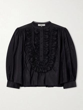 Chlo&eacute; Bluse Aus Taft Mit Lochstickerei Und R&uuml;schen - Schwarz