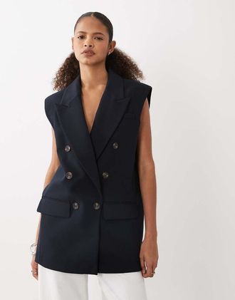 Asos Blazer ajust&eacute; sans manches &agrave; double boutonnage et &eacute;paulettes - Bleu marine