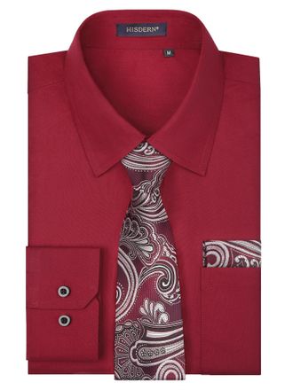 Hisdern Herren Hemd mit Krawatte Set Burgunder Hemd Langarm Formelle Unifarben Business Herrenhemden Regular Fit 3XL