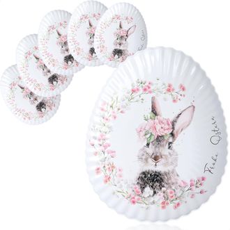Com-Four 6x Metall-Osterteller mit s&uuml;&szlig;em Hasenmotiv - Deko-Teller f&uuml;r Ostern & Fr&uuml;hling - Hasenteller f&uuml;r S&uuml;&szlig;igkeiten & Ostereier (Eiform Hase - 6x)