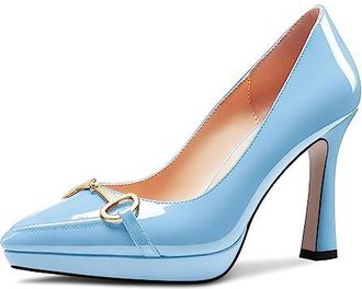 Castamere Femmes Haut High Plate-Forme Talon Heel Pointu Bout Slip-on Chaîne Métal Escarpins Mariage Bureau Décontracté 10 CM Heels Bleu Ciel 38 EU