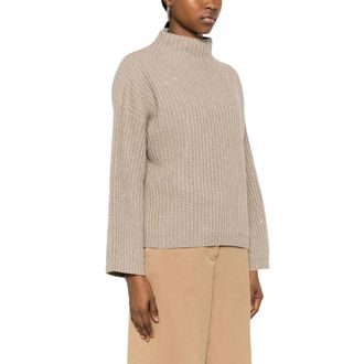 Brunello Cucinelli Gerippter Pailletten-Rollkragenpullover - - Knitwear - Damen - Beige - M
