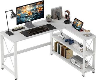 HOMCOM Bureau dangle - HOMCOM - modulable réversible - étagère de rangement - cadre en métal - 135x110x75cm - blanc