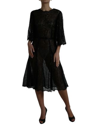 Dolce & Gabbana Womens Black Floral Lace Sheer A-Line Midi Dress Viscose Nylon Polyester