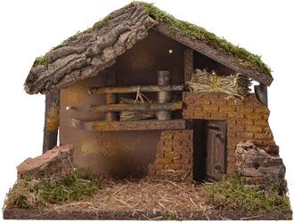 Decoris 72276 Krippenhaus mit LED und Moos, 30 x 17 x 21 cm