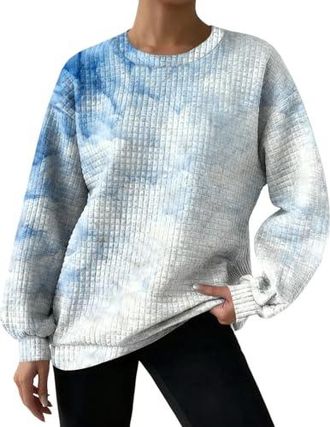 Generic Pull à manches longues pour femme - Col rond - Poches à carreaux - Pull décontracté pour lautomne et lhiver, Sweat-shirt à col rond bleu pour femme, X