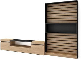 Skraut Home Wohnzimmerm&ouml;bel f&uuml;r TV | Esstisch-Set | 210 x 186 x 35 cm | f&uuml;r Fernseher bis 80 Zoll | TV-M&ouml;bel | moderner Stil | Eiche und Schwarz