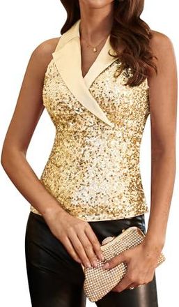 Grace Karin Femmes Haut de Soirée à Paillettes sans Manches Col Revers Décolleté en V Croisé Noir/Argent/Or Rose/Rouge/Champagne