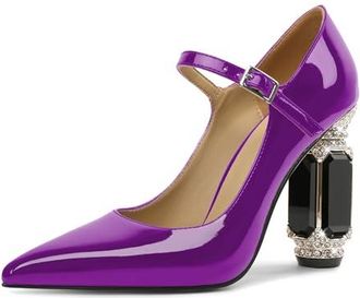 EDEFS Escarpins Femme Prêts pour lÉvénement Mary Jane en Cuir Verni Talon Haut Bloc 9 cm Accents de Strass Cristal Étincelant Bout Pointu pour Mariages Gala