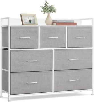 Songmics Kommode, Schrank, 7 Stoffschubladen mit Griffen, Metallgestell, Industrie-Design, Taubengrau-wolkenwei&szlig; LTS523L10