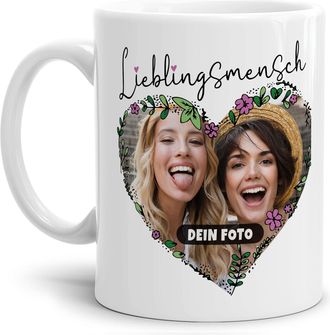 Tassendruck Fototasse mit Spruch - Lieblingsmensch - zum Selbst gestalten mit Foto in Herzform - Geschenkidee für den Partner, Innen & Henkel Weiß, 300 ml