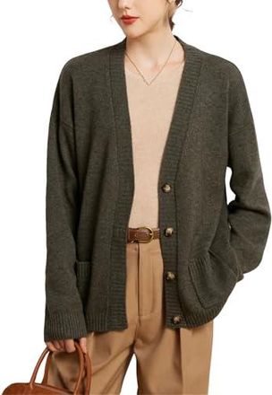 Generic Cardigan &agrave; col en V pour femme 100 % cachemire pull ample en tricot r&eacute;tro poches v&ecirc;tements dext&eacute;rieur, vert olive, Taille Unique
