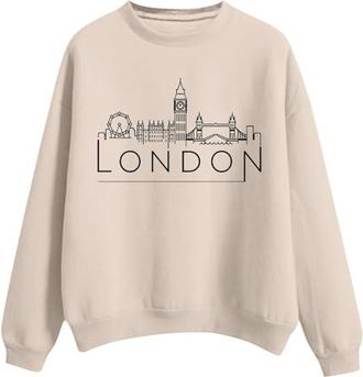 Generic Grand sweat-shirt pour femme imprim&eacute; lettre col rond pull manches longues LONDON imprim&eacute; sur sweatshirts femmes, beige, XXL