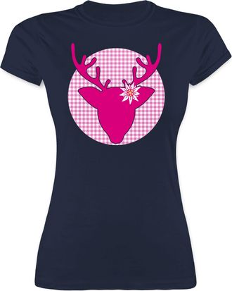 Shirtracer Shirt Damen - Kompatibel mit Oktoberfest - Hirsch Edelwei&szlig; - L - Navy Blau - t-Shirt Tracht trachtenshirt bayrische REH Tshirt trachtentshirts Trachte
