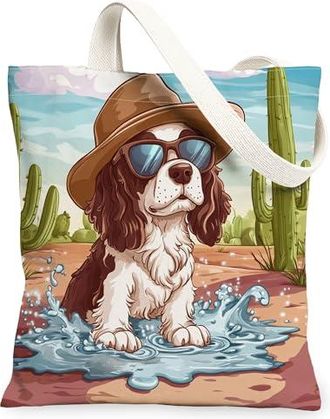 Generic Joli sac fourre-tout en toile motif &eacute;pagneul springer pour faire du shopping, 33 x 38,1 cm, sac r&eacute;utilisable en tissu &agrave; bandouli&egrave;re pour femme, peintu