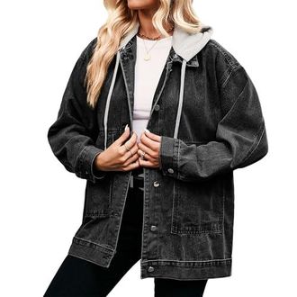 Generic Veste en jean pour femme avec capuche amovible - Style d&eacute;contract&eacute; - Avec boutons - Veste en jean surdimensionn&eacute;e &agrave; manches longues, Noir, XXL