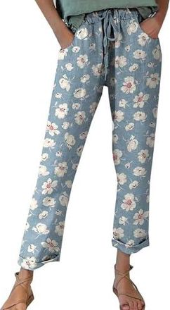 Generic Pantalon Fluide Femme Taille Elastique Lin &Eacute;t&eacute; Ceinture &Eacute;lastiqu&eacute;e Femme Taille Haute Poche Automne Lin Imprim&eacute; Pantalons D&eacute;contract&eacute;s Jogging Large A