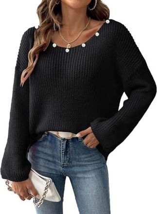 Generic Pull Femme Automne Col Rond Manches Évasées Décontracté Léger Épaule Dénudée Haut Ample