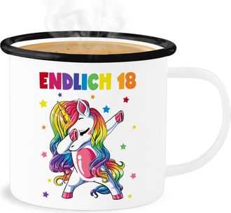 Shirtracer Emaille Becher Blechbecher - 18. Geburtstag Tasse - Endlich 18 Jahre - Achzehn Jahre Dabbing Einhorn - 300 ml - Wei&szlig; Schwarz - geschenk zum geb. vollj