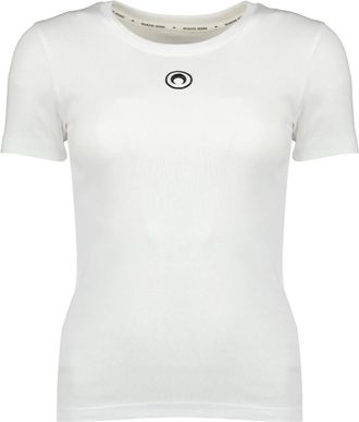 Marine Serre Femme, Tops, Blanc, Taille: 36 FR Moon Logo Ribbed Jersey Baby Fit T-Shirt