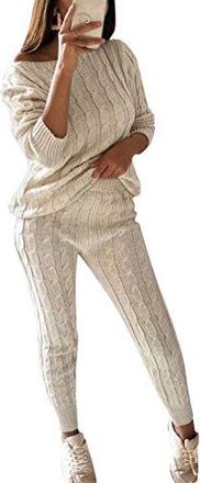 ORANDESIGNE 2PC Femmes Solides Tricoté Chaud Sportif Survêtement Sweat-Shirt + Pantalon Ensemble Tricot Chandail Sportswear pour Yoga Gymnastique Jogging Manches 