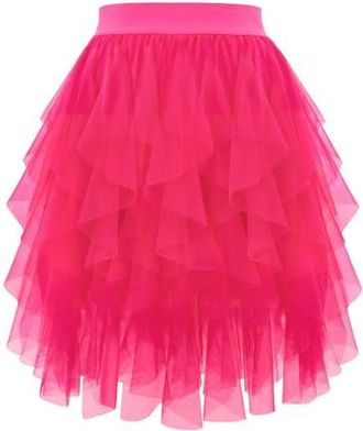 Generic Jupe Tulle Femme Paillette Robe Longue Tutu Irr&eacute;gulier Superpos&eacute;e Jupes Pliss&eacute;e A-Line Elastique Taille Jupe Tutu Midi Noir Rose pour Carnaval Hallowe