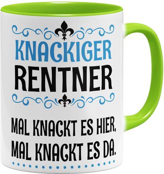 OM3 Knackiger Rentner Rente Kaffee-Tasse mit Spruch - Abschiedsgeschenk Ruhestand Rente - Keramik Becher - 11oz 325ml - Beidseitig Bedruckt - Hellgrün