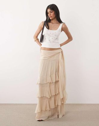 Mango Jupe longue &agrave; volants nou&eacute;e &agrave; la taille - Beige-Neutral
