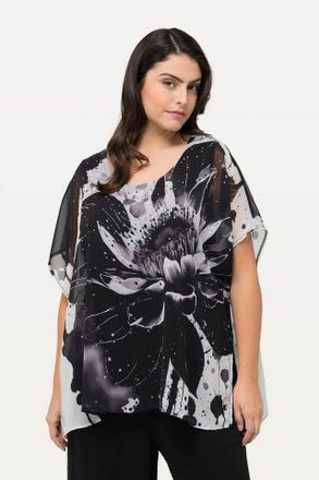 Ulla Popken T-Shirt Blusenshirt doppellagig Bl&uuml;ten Rundhals Halbarm