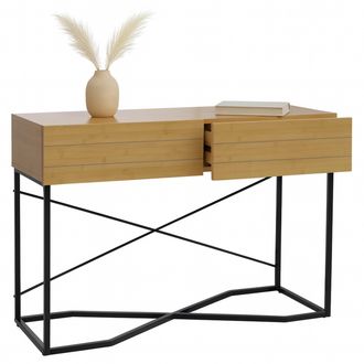 Mendler Konsolentisch HWC-P47, Telefontisch Beistelltisch Ablagetisch, Schublade Melamin Industrial 81x120x40cm - Bambus-Optik