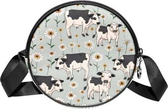 Generic Sac &agrave; bandouli&egrave;re rond pour femme, motif vaches, camomille, petit sac &agrave; bandouli&egrave;re avec fermeture &eacute;clair, bretelles r&eacute;glables, sac &agrave; main rond d&eacute;cont